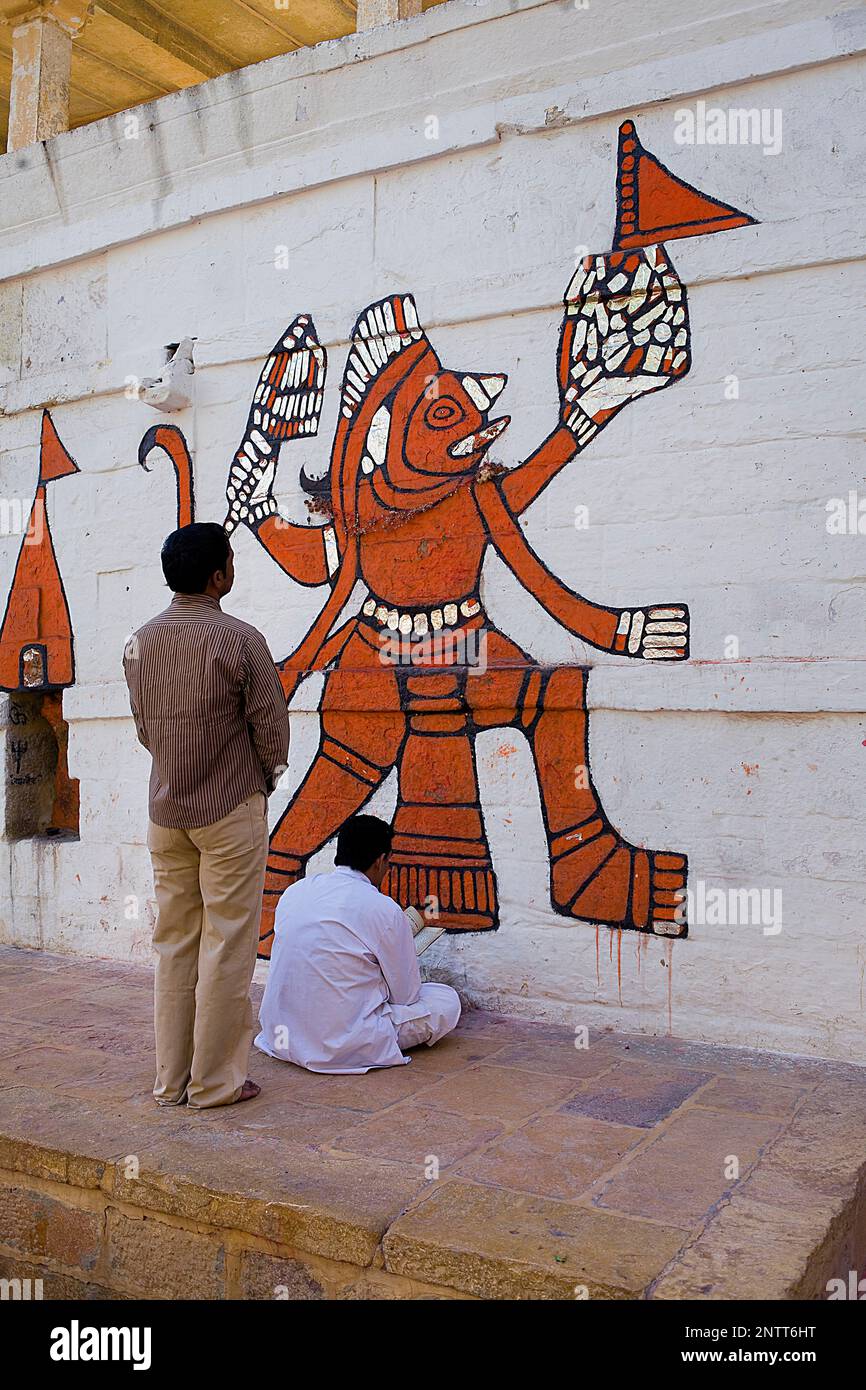 Facade of Laxminath temple,Mural of the monkey god Hanuman,Street scene ...