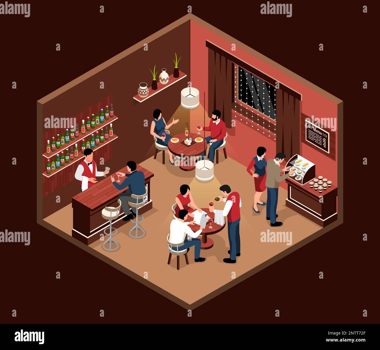 Isometric restaurant concept with people having dinner in cozy interior ...