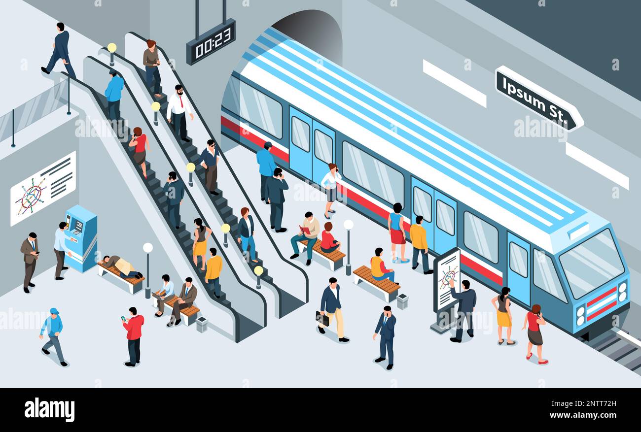 Isometric subway concept with people on underground platform vector ...