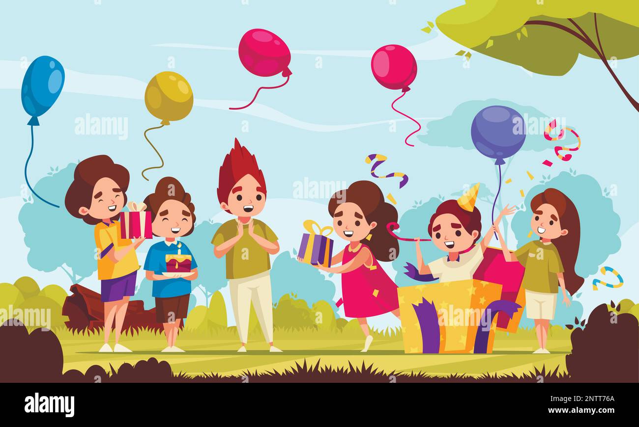 Celebration holiday scene with children opening presents cartoon vector ...