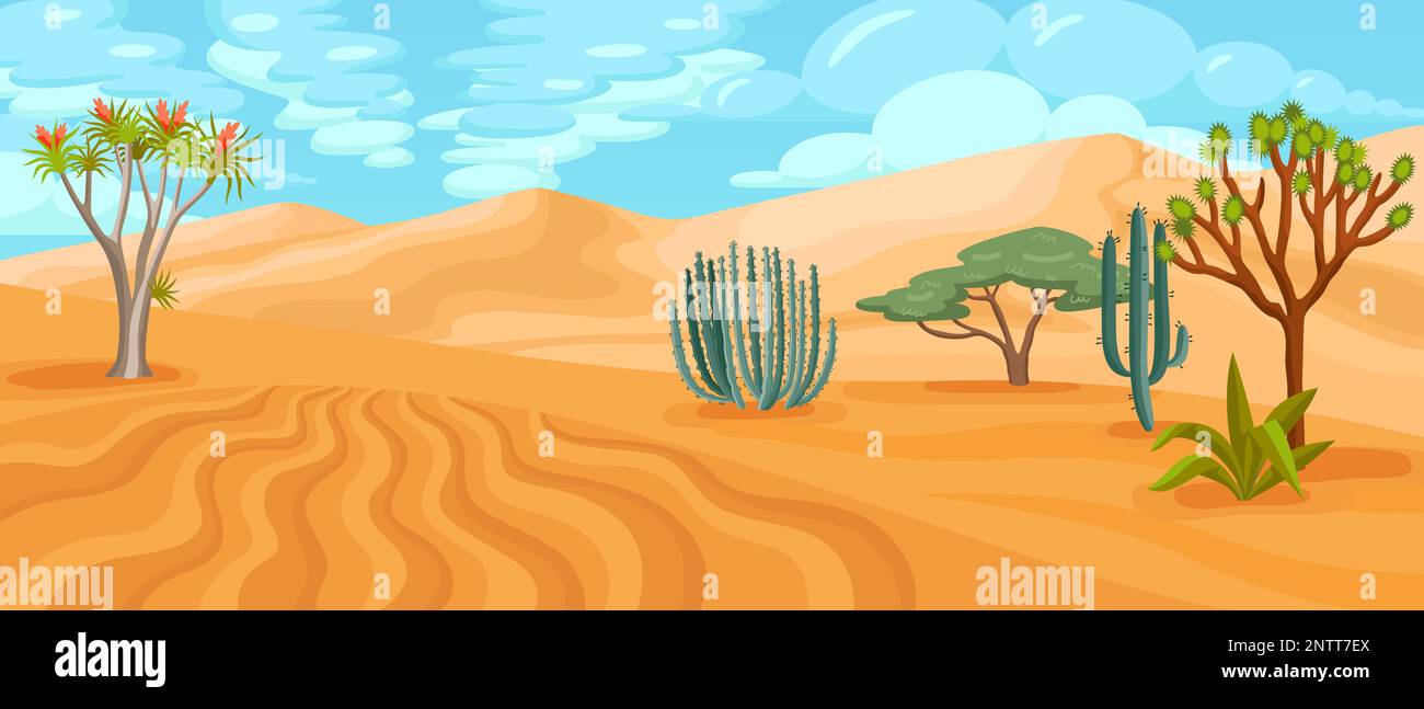 Desert cartoon horizontal illustration with different forms of cactus ...