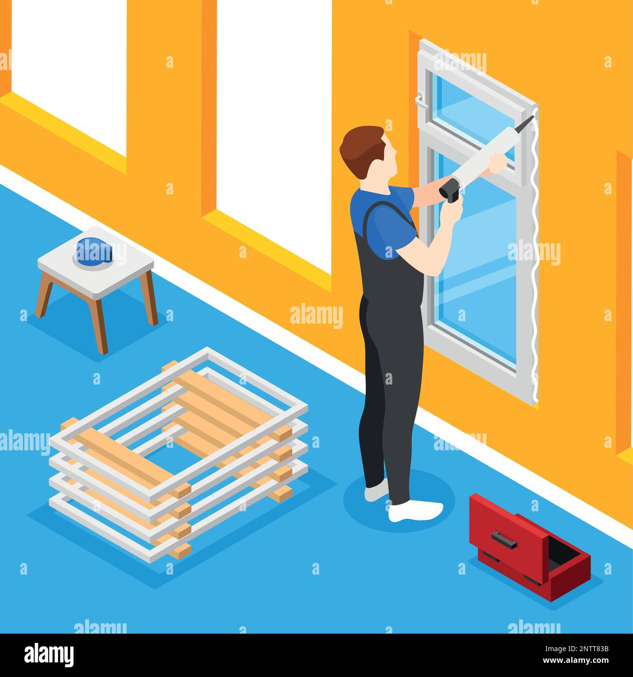 Renovation worker installing plastic windows isometric concept vector illustration Stock Vector ...