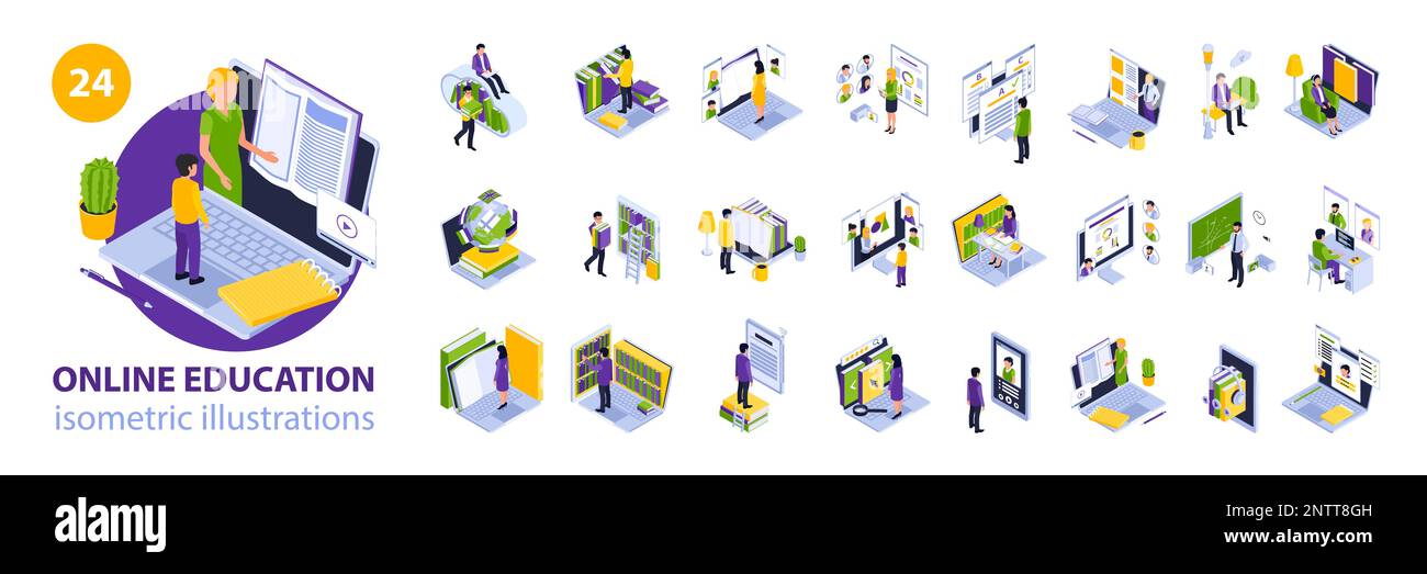 Isometric set with isolated online school learning library icons with ...
