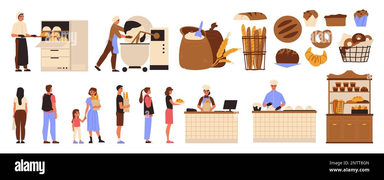 Bakery Icon Set Bakers Standing In The Kitchen Salesmen In Bakery