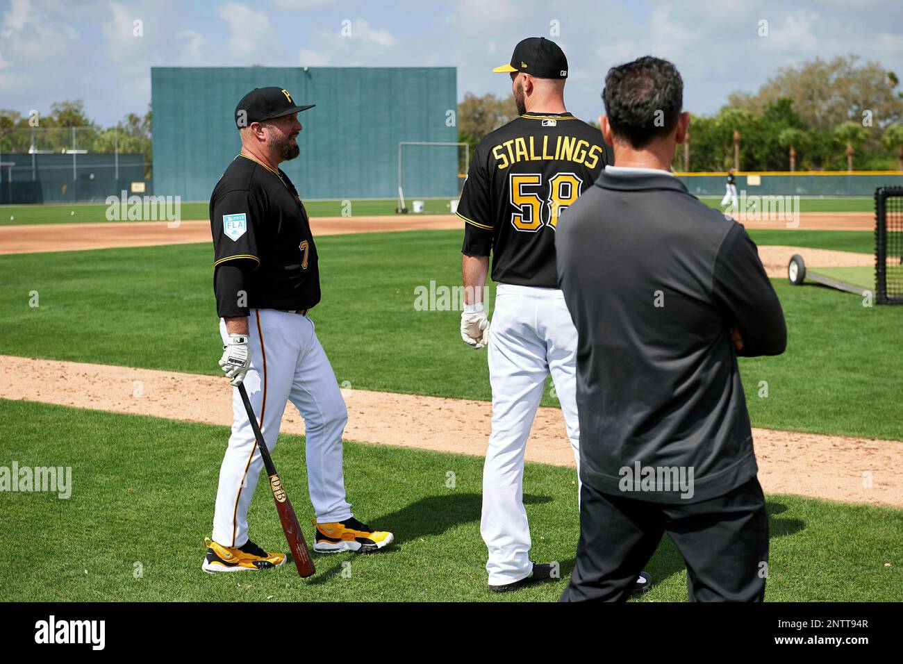 Pittsburgh Pirates Garth Brooks (7) talks with Jacob Stallings (58 ...