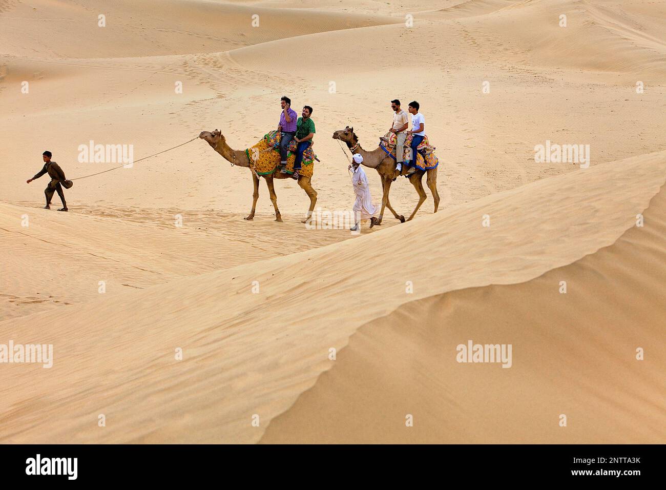 Tourists riding camels on Sam dunes in Desert National Park in the ...