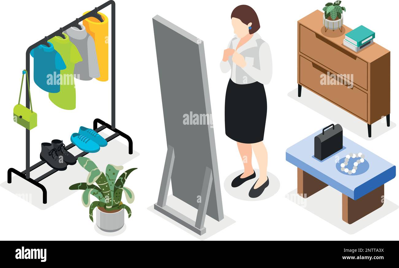 People morning routine isometric icons set with women dressing up in ...