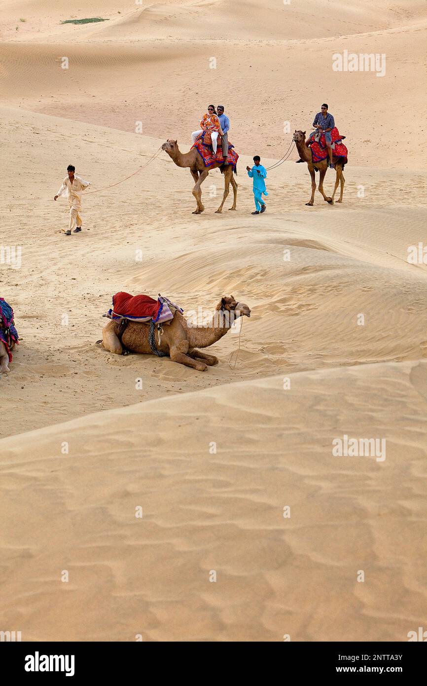 Tourists riding camels on Sam dunes in Desert National Park in the ...