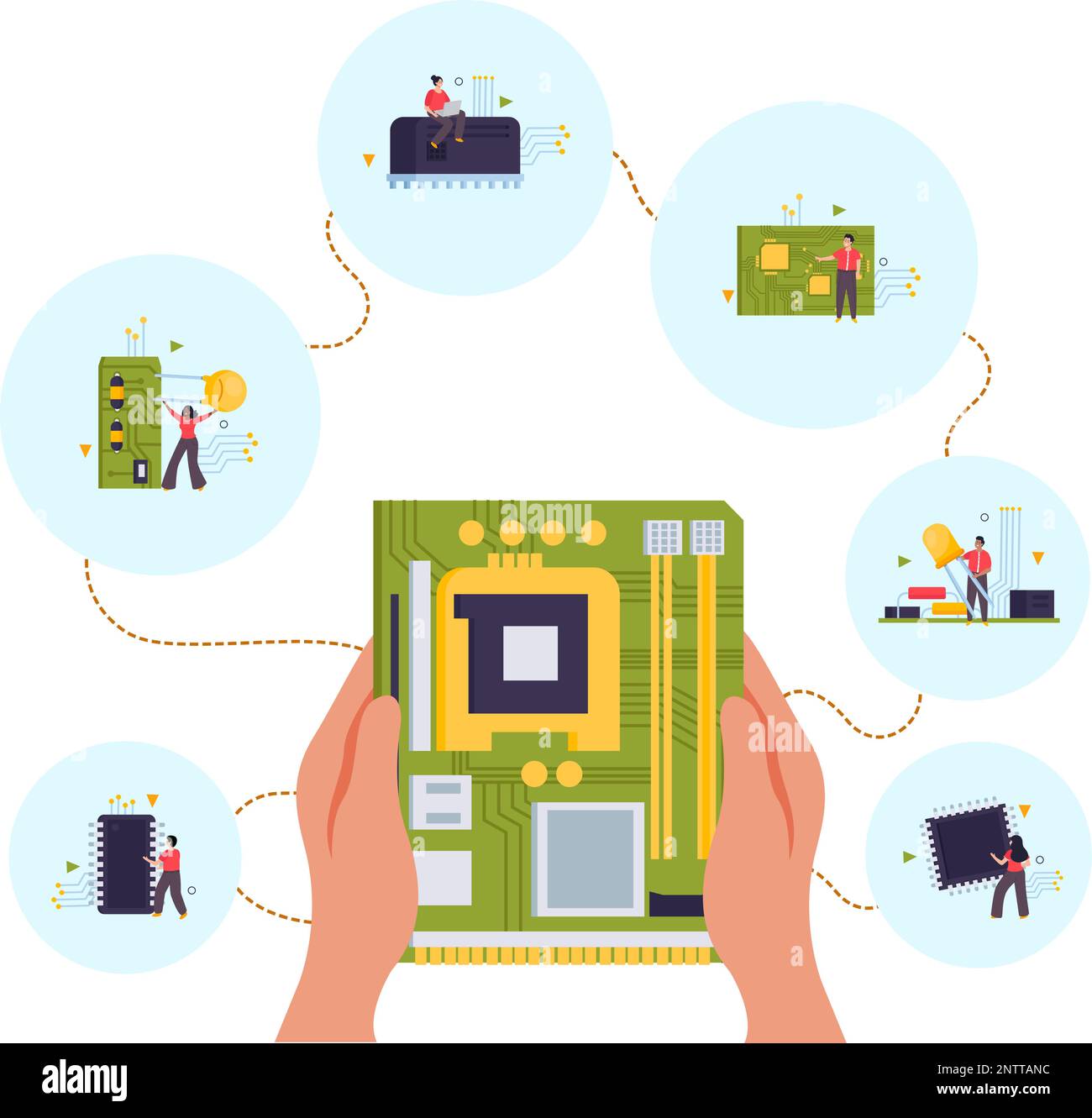 Microchip Flat Concept Composition With Computer Components Tiny People