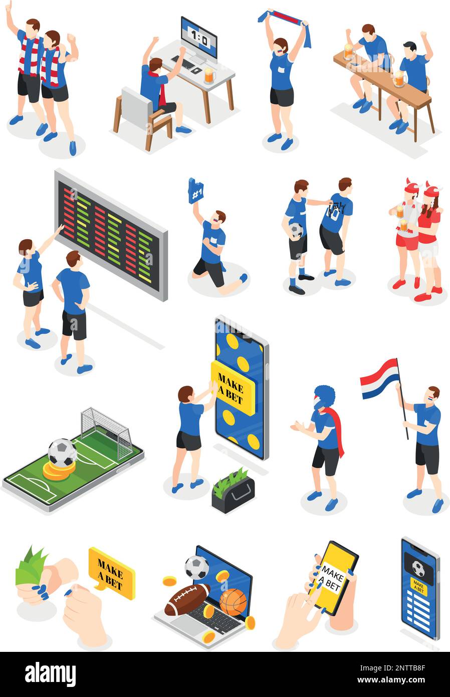 Sport betting isometric icons set with football fans isolated vector ...