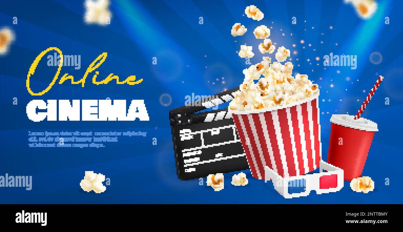 Realistic cinema poster with popcorn bucket drink cup and 3d glasses ...