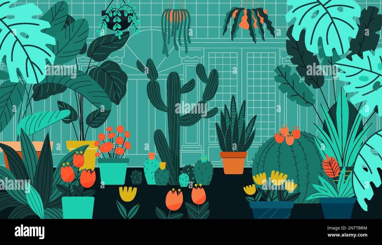 Botanical garden poster with exotic plants and cactuses vector ...