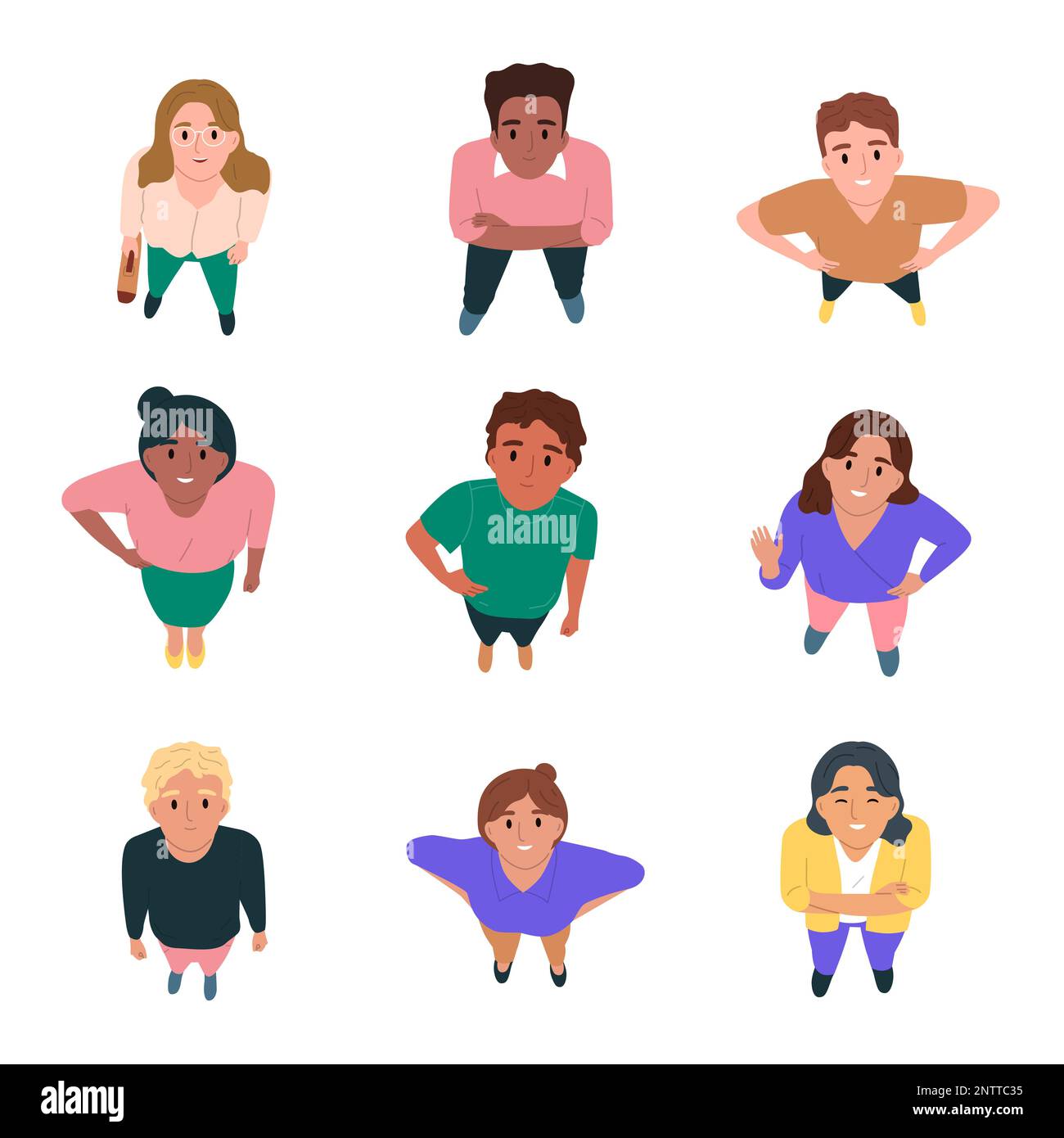 People top view flat set with happy men and women looking up isolated ...