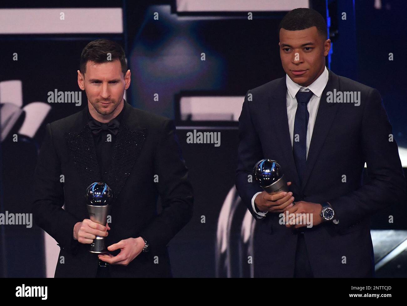 Paris, France. February 27, 2023, Lionel Messi and Kylian Mbappe are ...