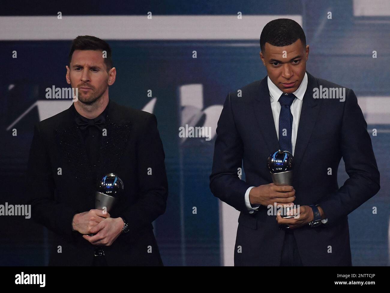 Paris, France. February 27, 2023, Lionel Messi and Kylian Mbappe are ...
