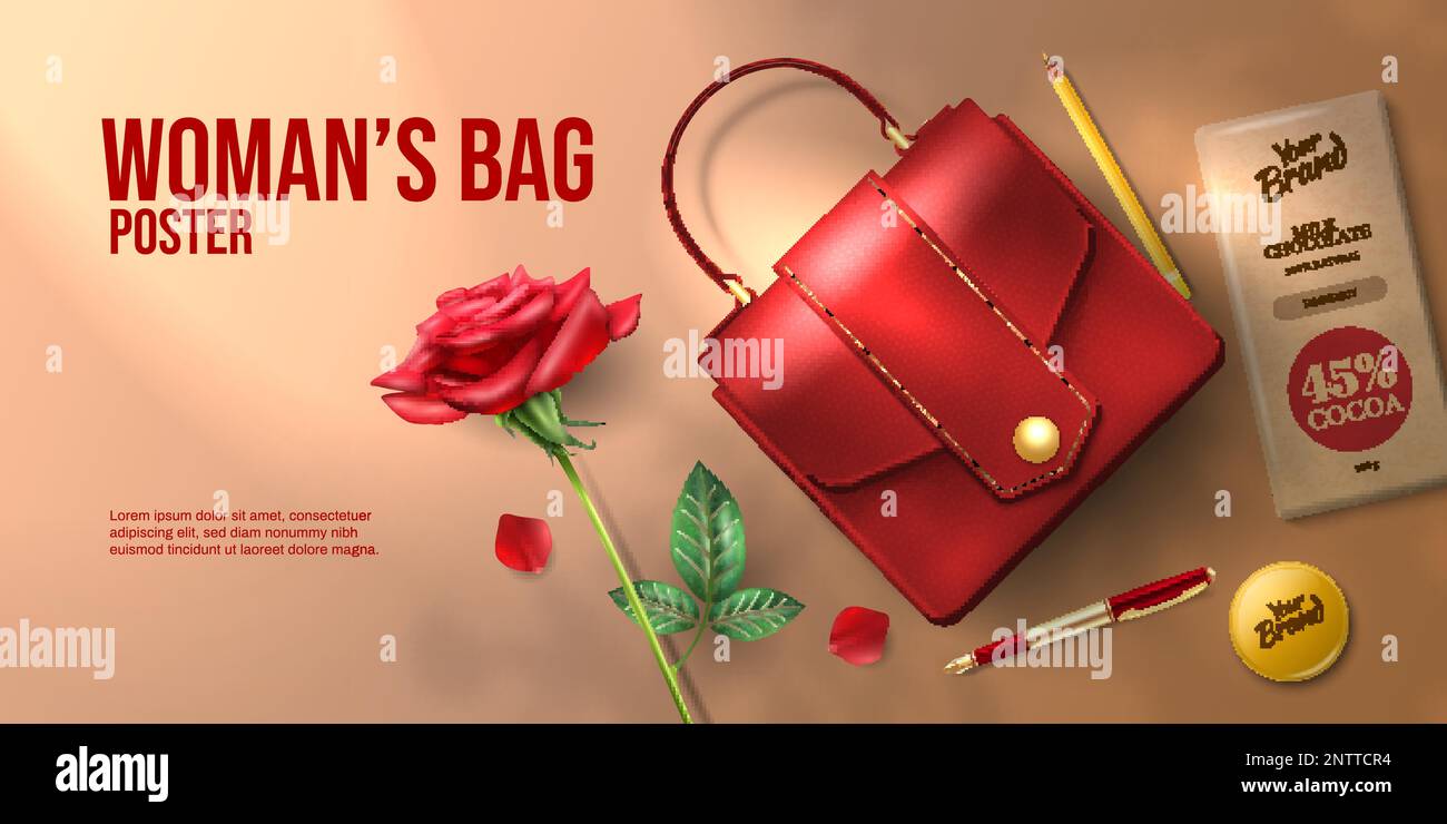 Realistic woman bag poster horizontal background with editable text and ...