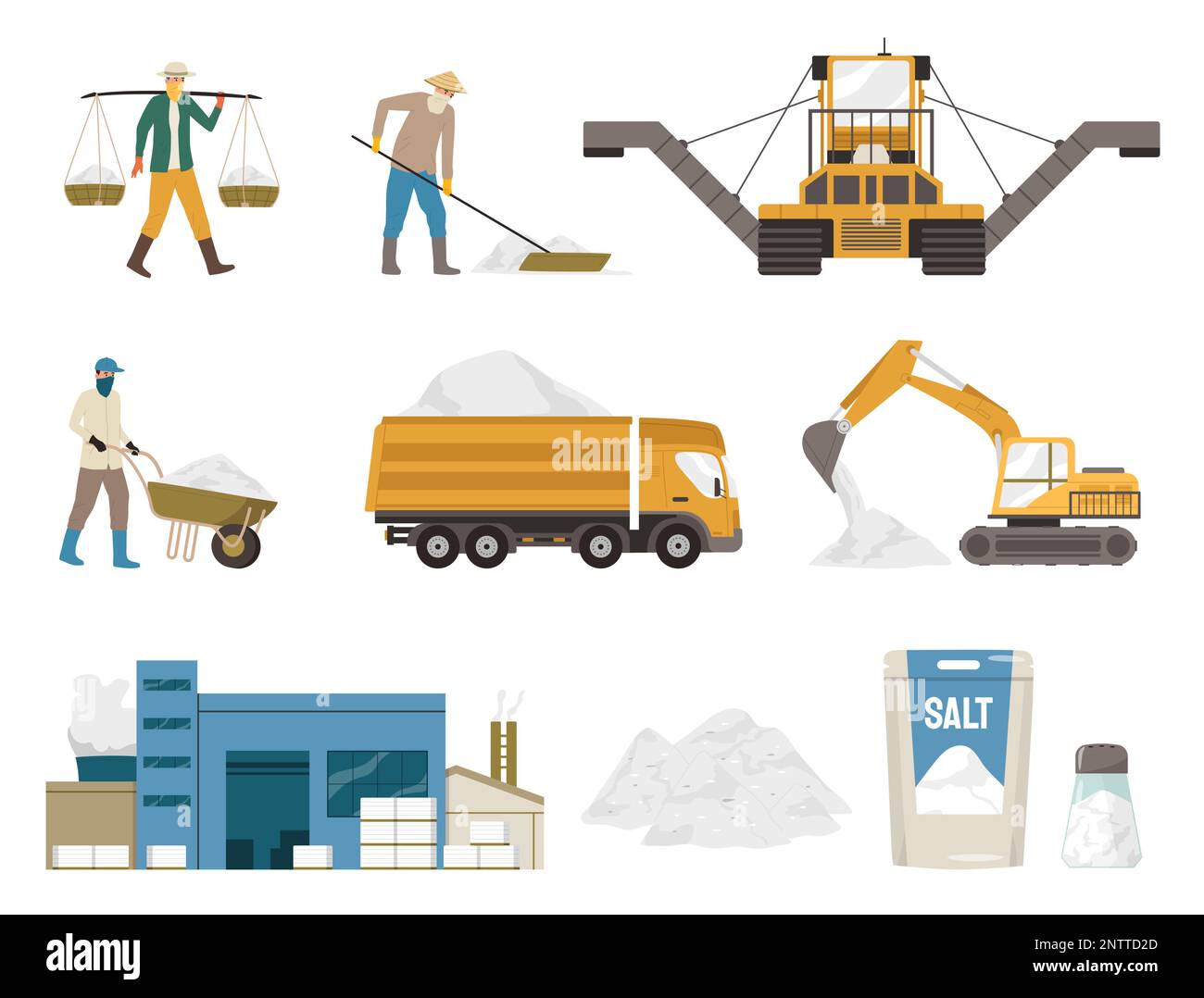 Salt production flat set with machinery workers and finished product ...