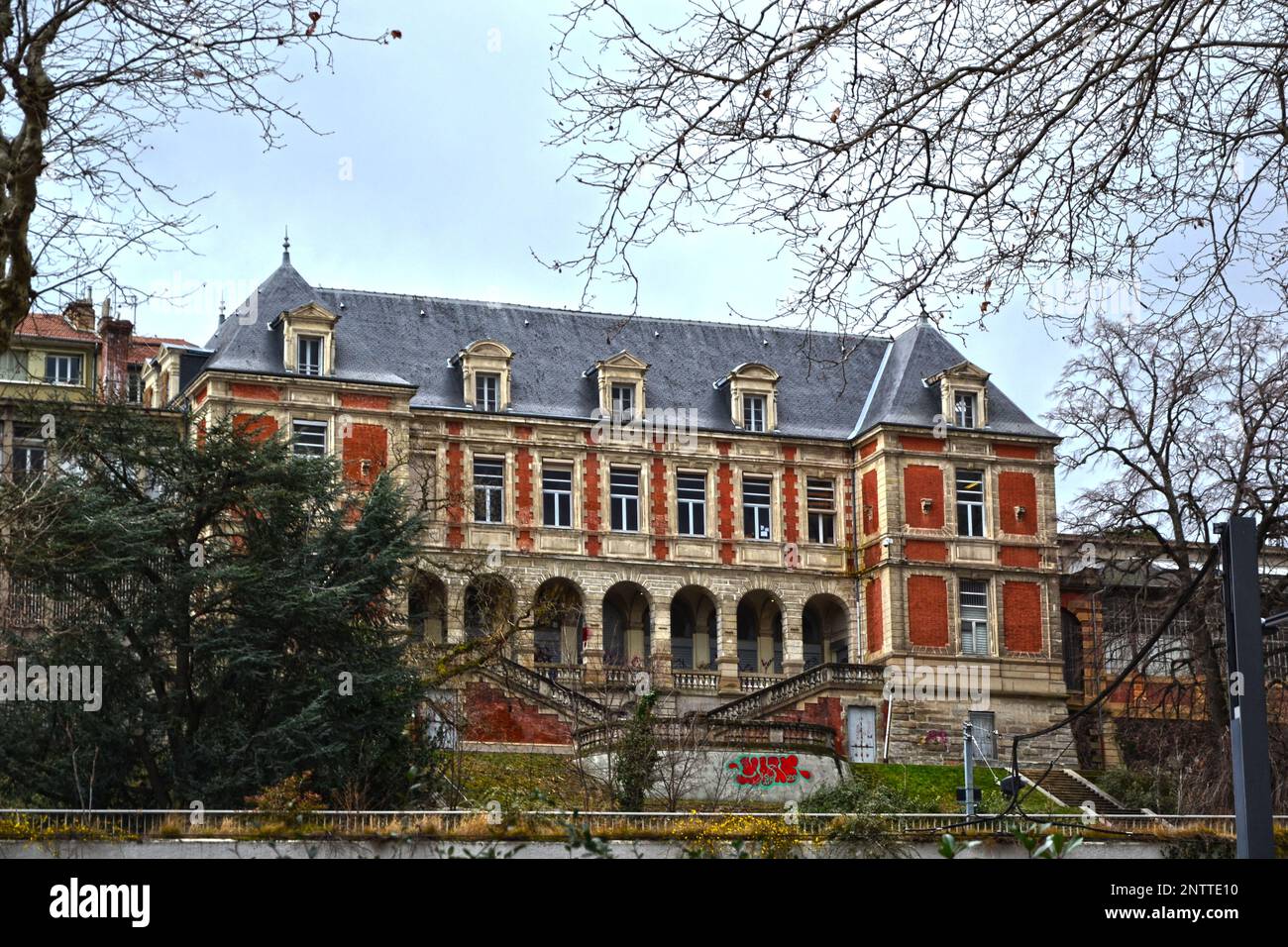 Saint-Etienne, France - January 27th 2020 : Focus on a large building ...