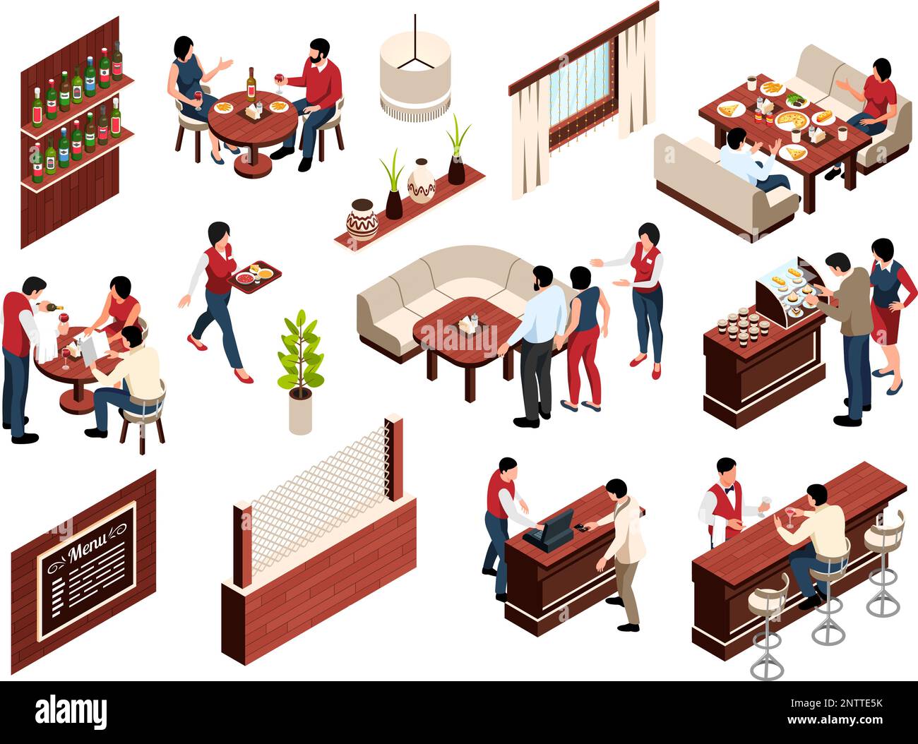 Isometric restaurant icons set with furniture interior and working ...
