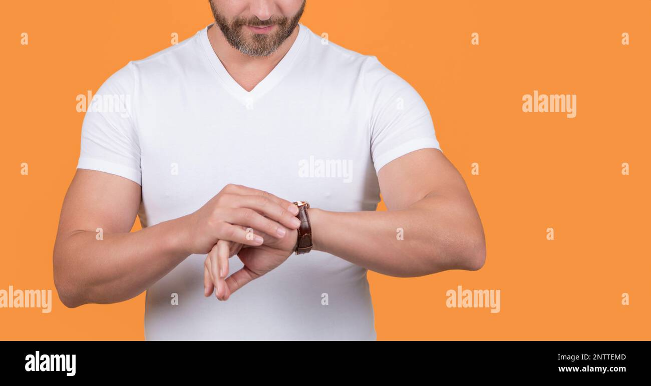 man crop view checking time. Punctuality. Punctual man check time. Time ...