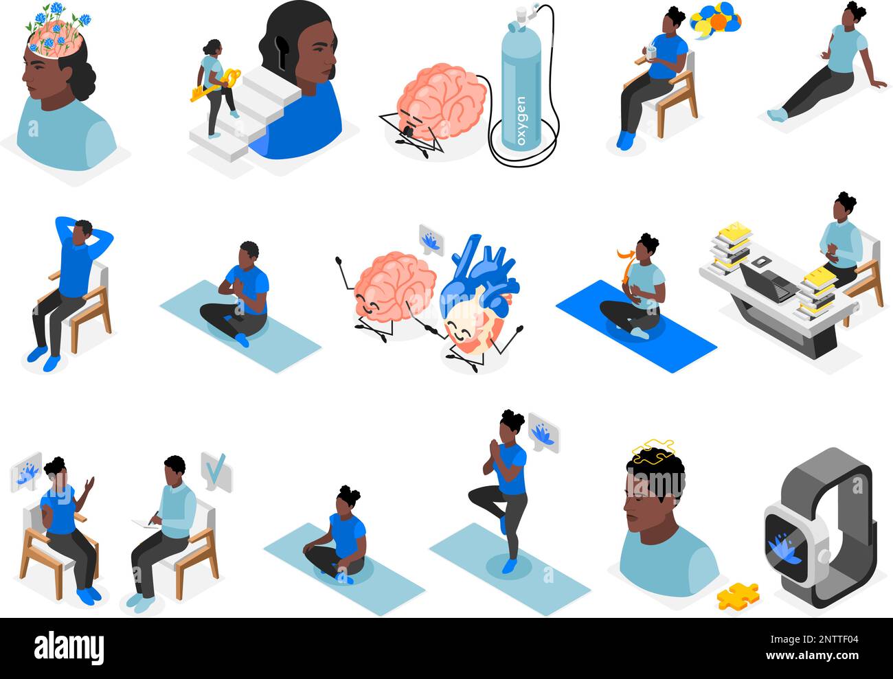 Mindfulness and meditation isometric set of recolor icons with isolated ...