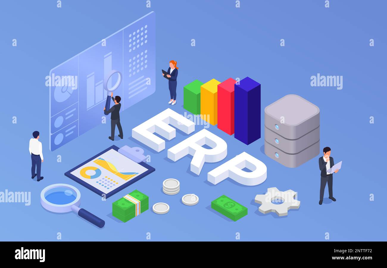 Business software isometric background illustrated employees engaged in ...