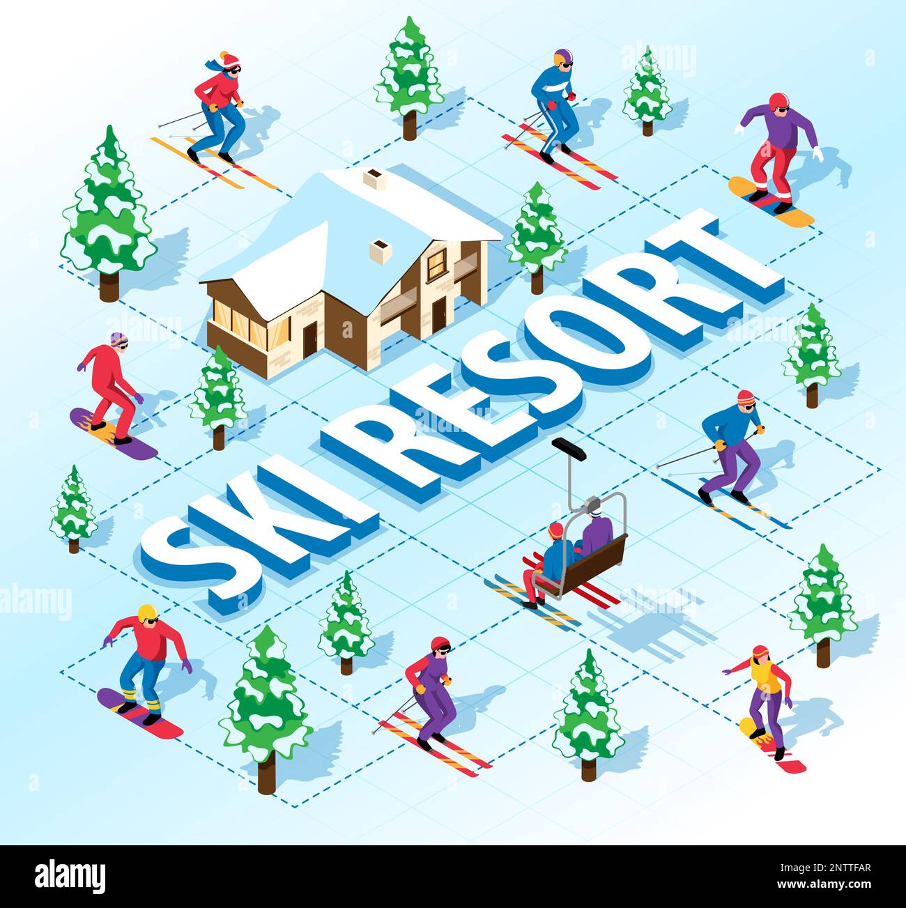 Isometric ski resort flowchart with sportsmen doing winter sports ...