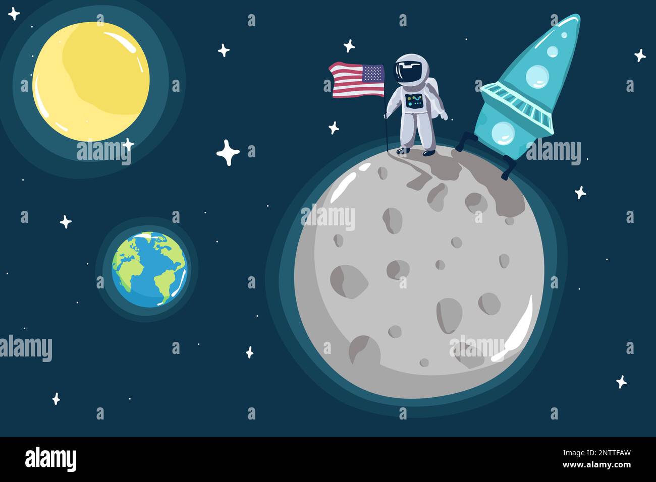 Cute little astronaut stand on the moon with USA flag.Space mission ...