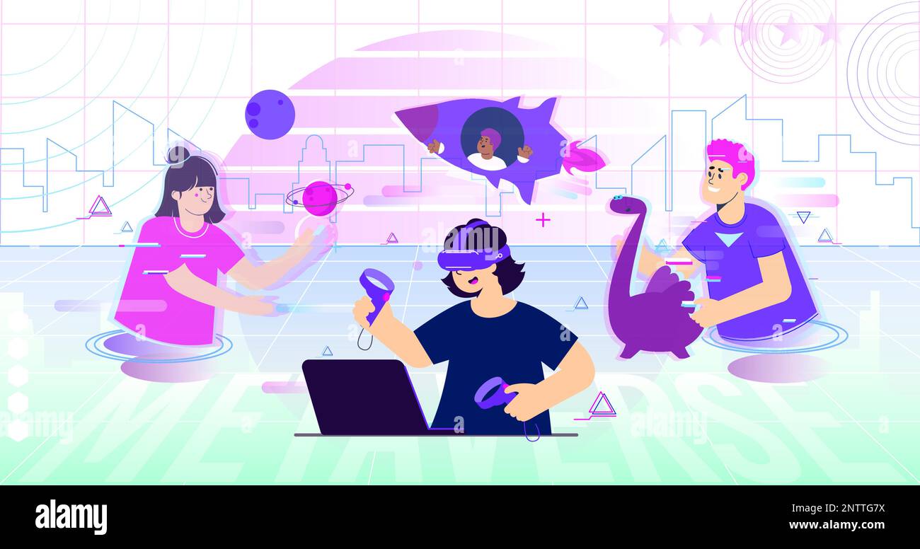 Metaverse flat composition with user wearing vr headset and people interacting with objects in ...