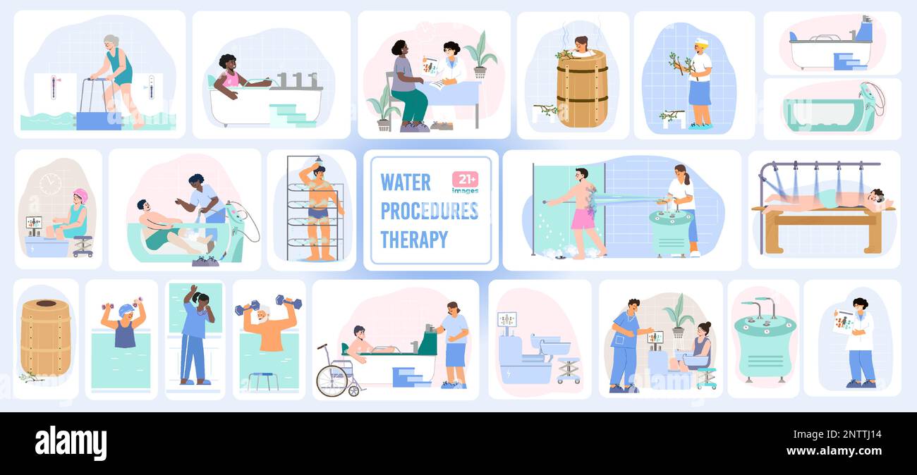 Water procedures therapy set with flat compositions of rehabilitation ...