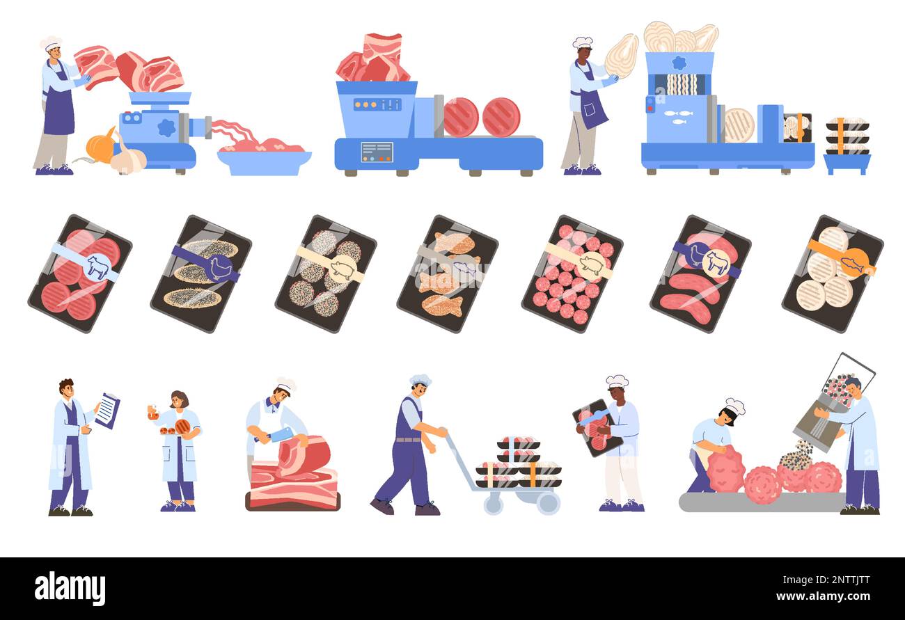 Semi finished products flat set with isolated images of industrial ...