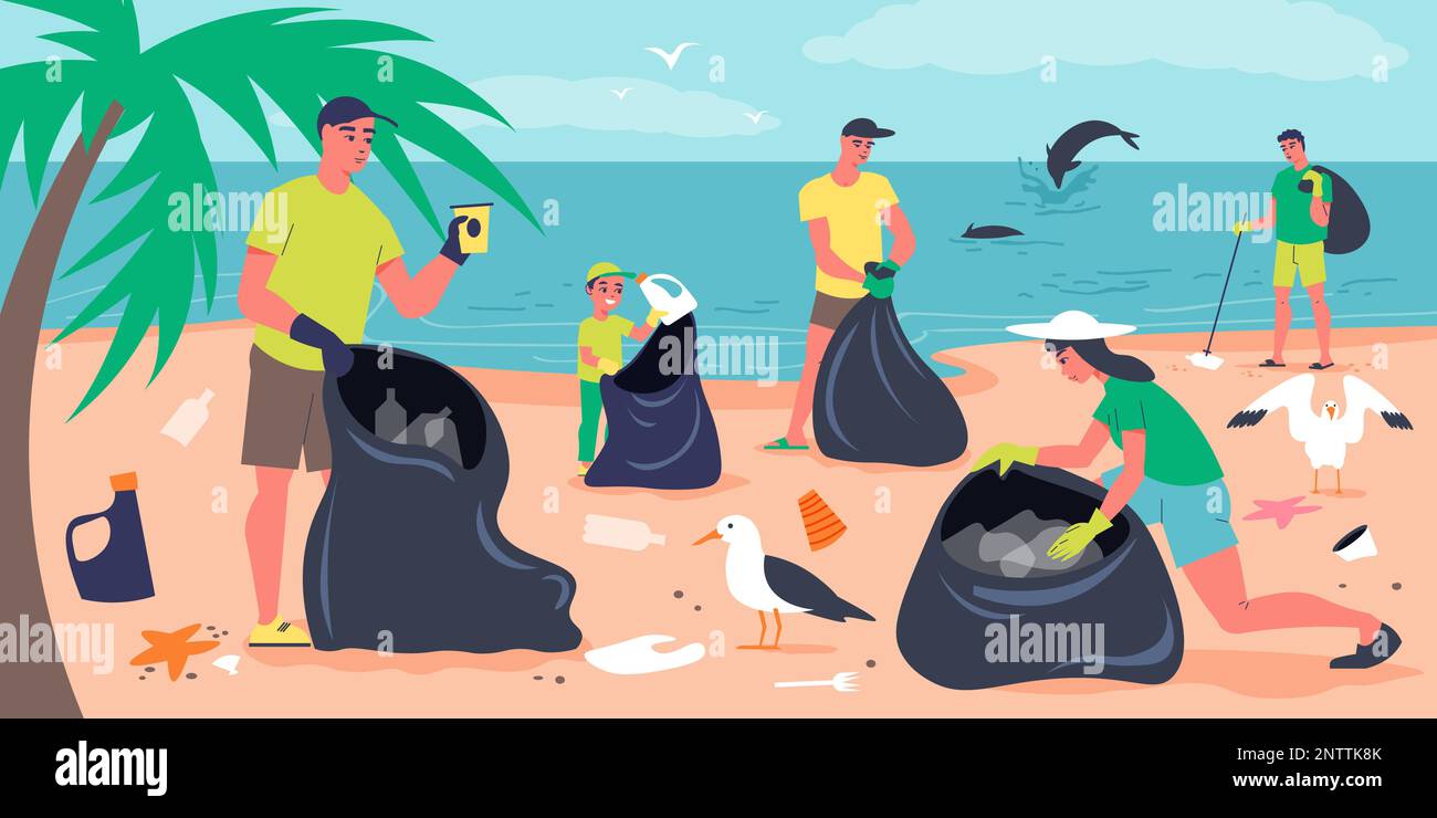 Environmental water pollution concept with volunteers cleaning sea ...