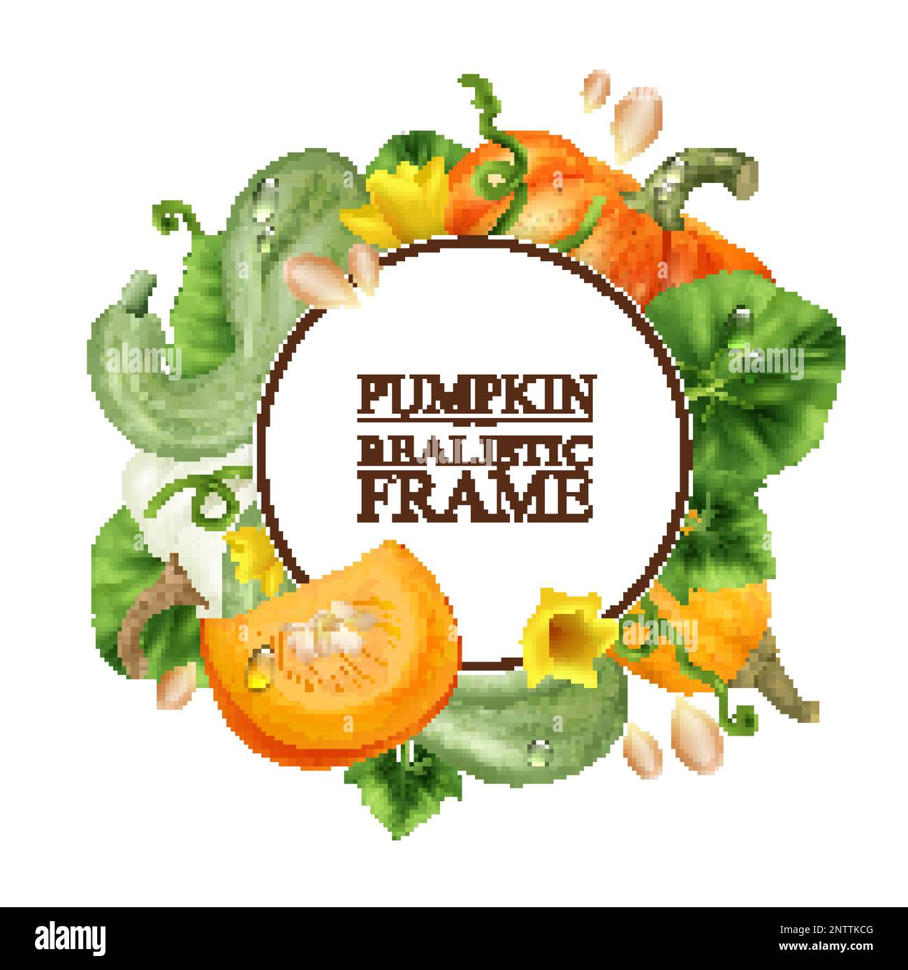 Realistic pumpkin frame with ripe colorful plants and leaves vector ...