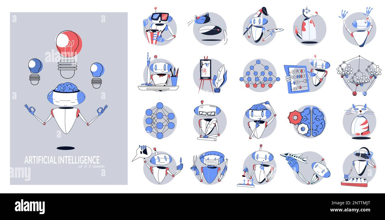 Artificial intelligence flat round isolated composition set with ...