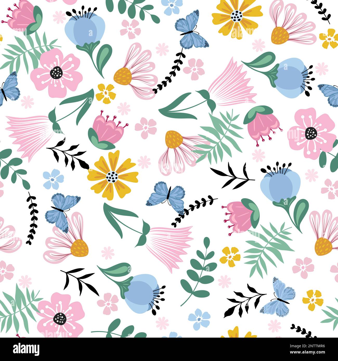 Cute, bright background with cute flowers and butterfly. Seamless ...