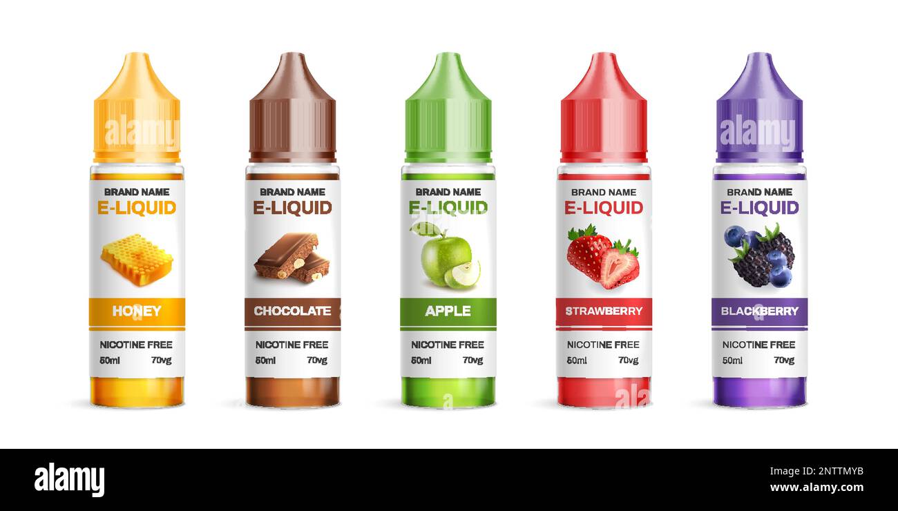 Realistic vaping flavored e-liquid set with five isolated images of ...