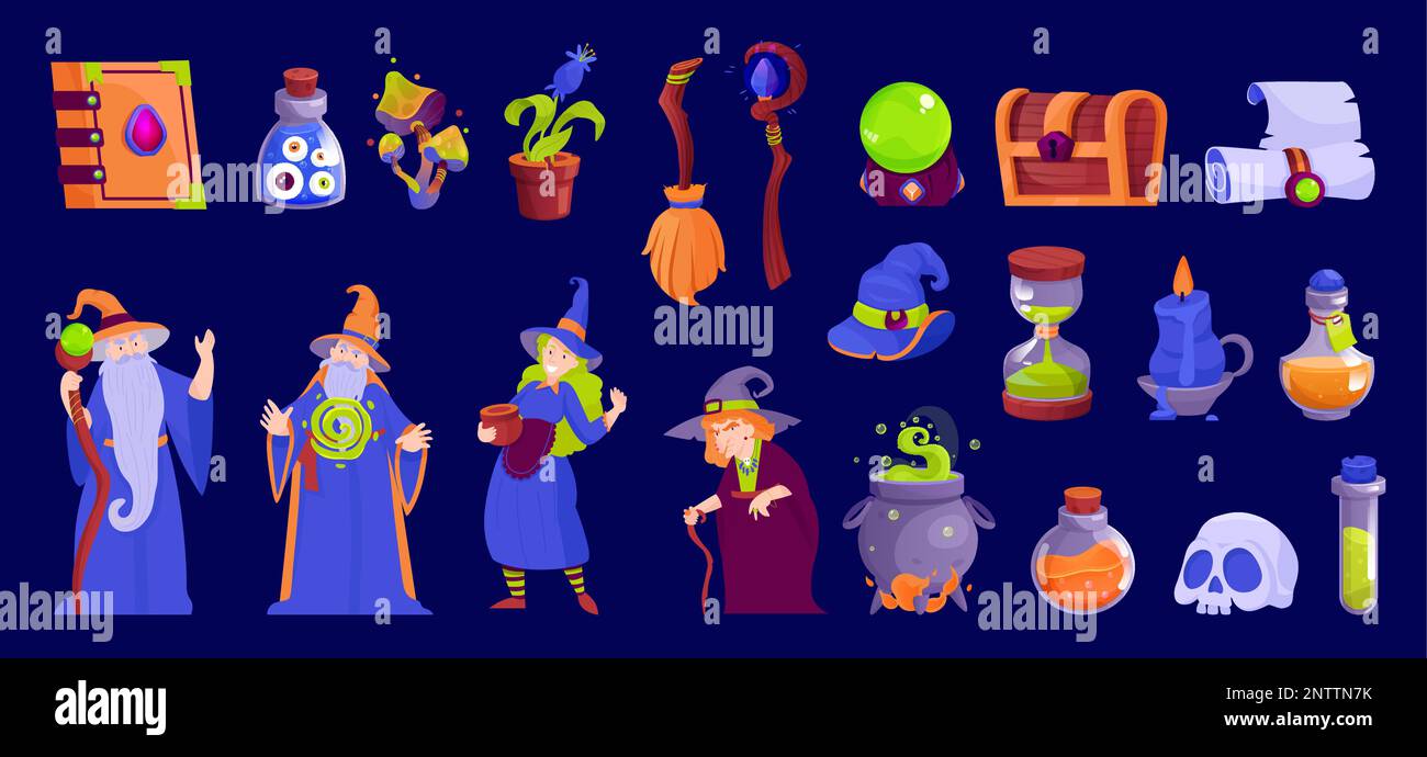 Magic color cartoon icons set with wizard witch and magician equipment ...
