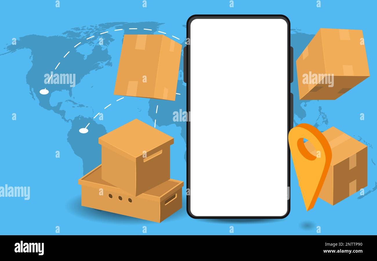 Boxes 3d composition with world map background dashed routes parcel ...