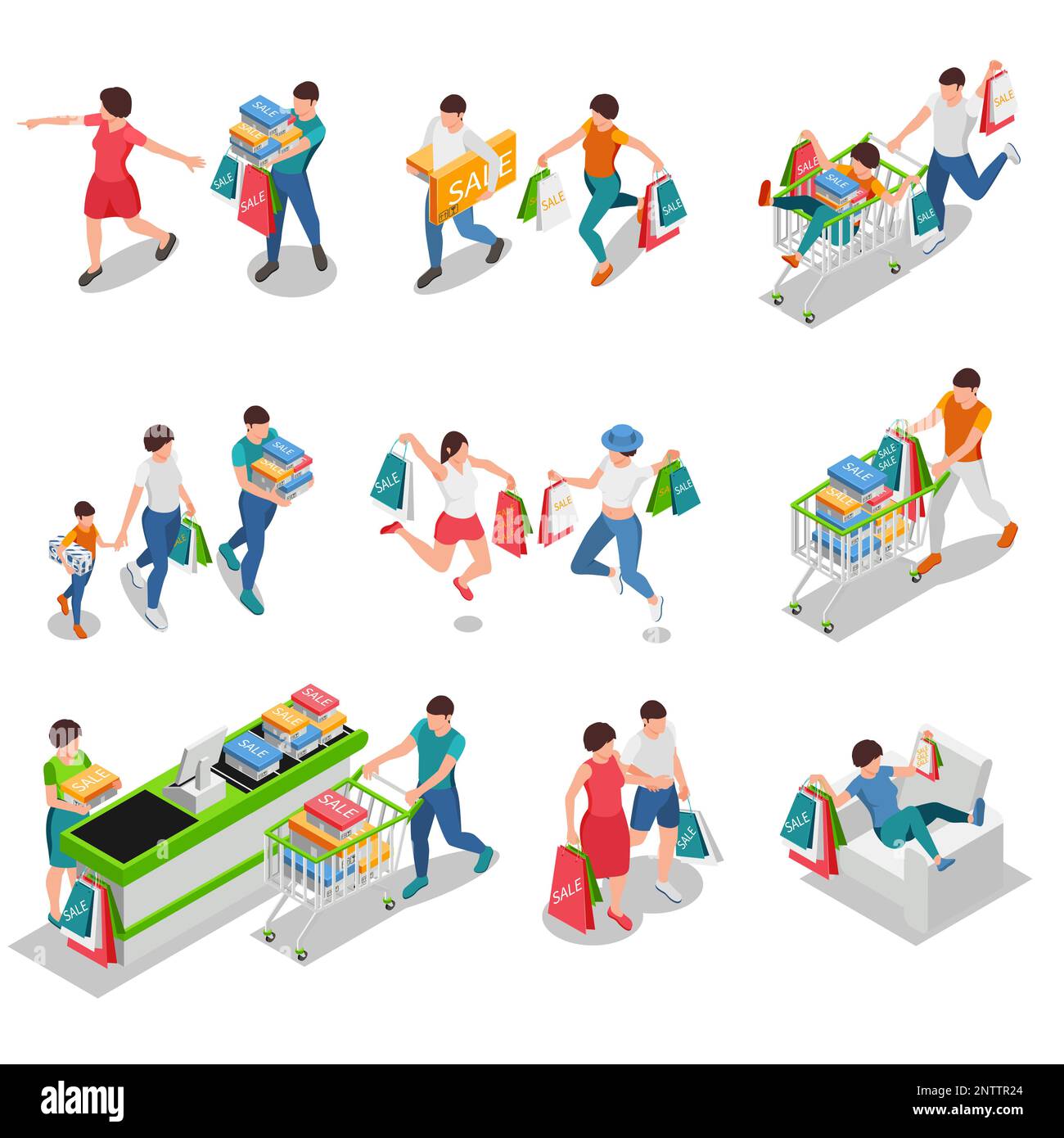 Shopping people isometric set with isolated human characters of adults ...