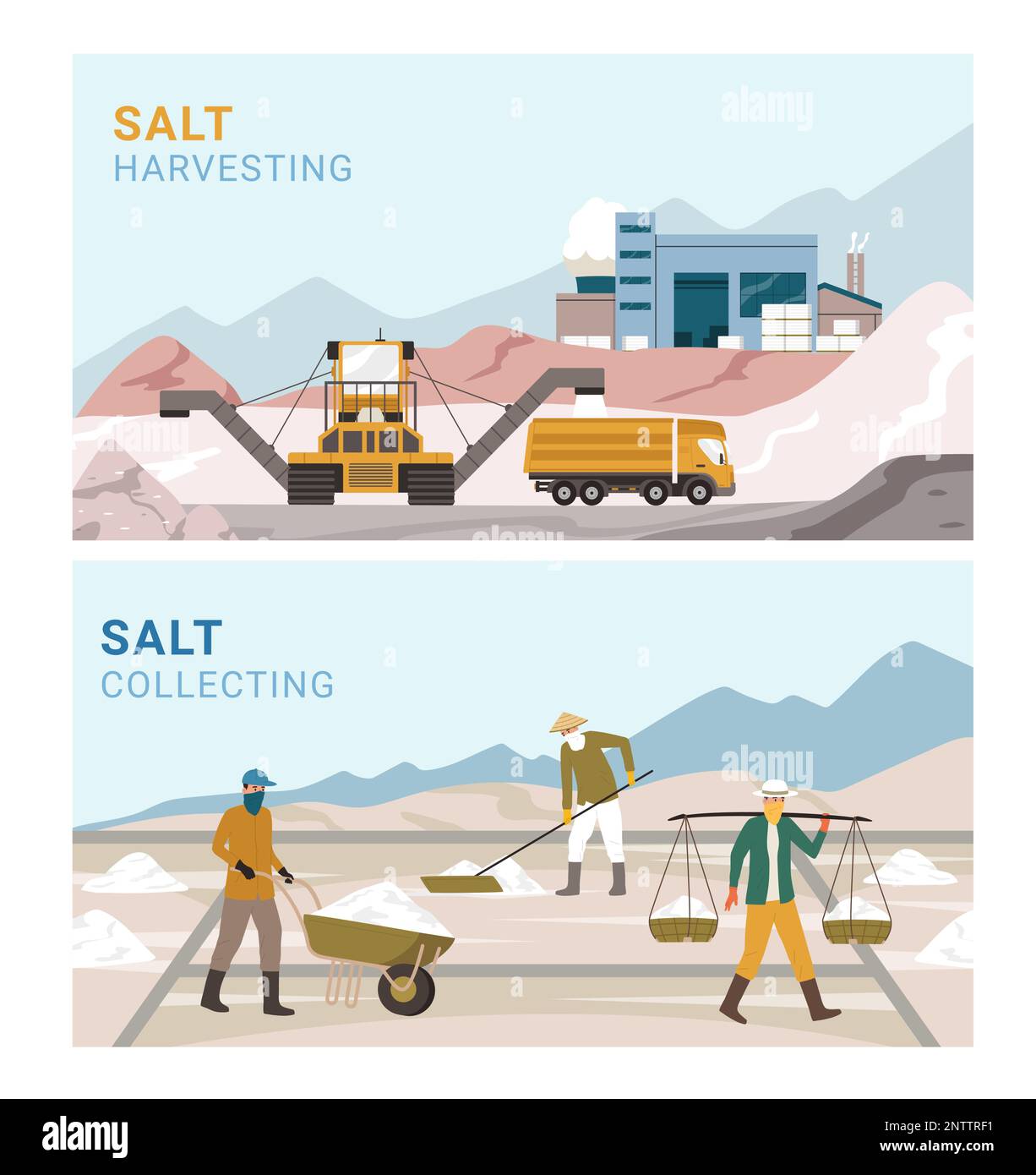 Salt production flat horizontal banners with harvesting and collecting ...