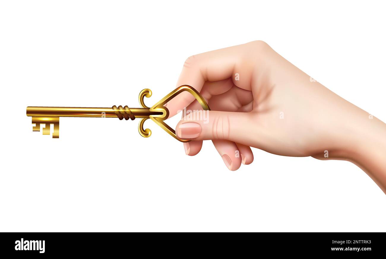 Realistic hand with vintage key composition with human hand holding ...
