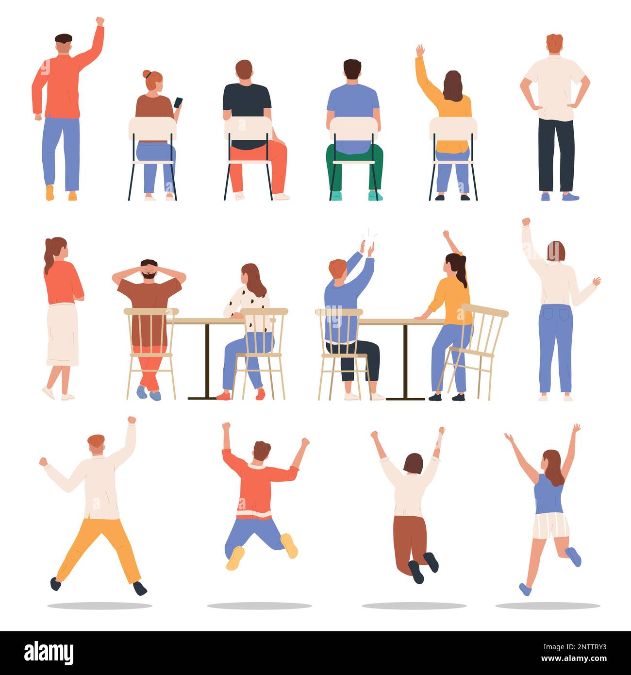 People back flat icon set people stand and sit on chairs facing backwards vector illustration ...