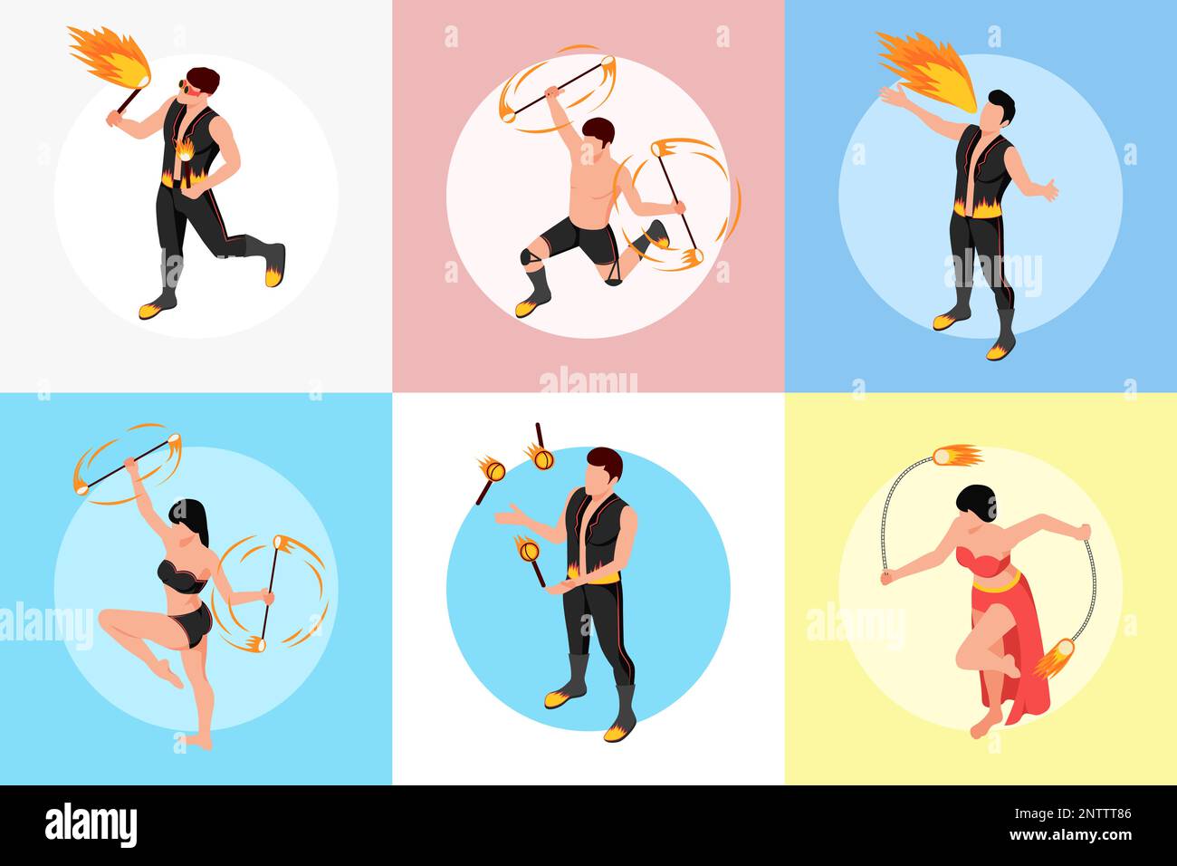 Fireshow people isometric square set with fire performance symbols ...
