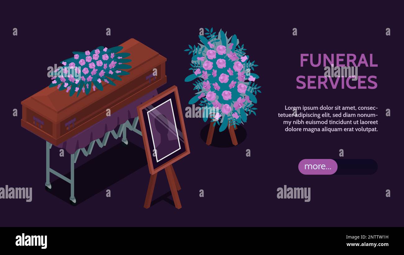 Funeral service isometric horizontal banner with coffin wreath and portrait 3d vector ...