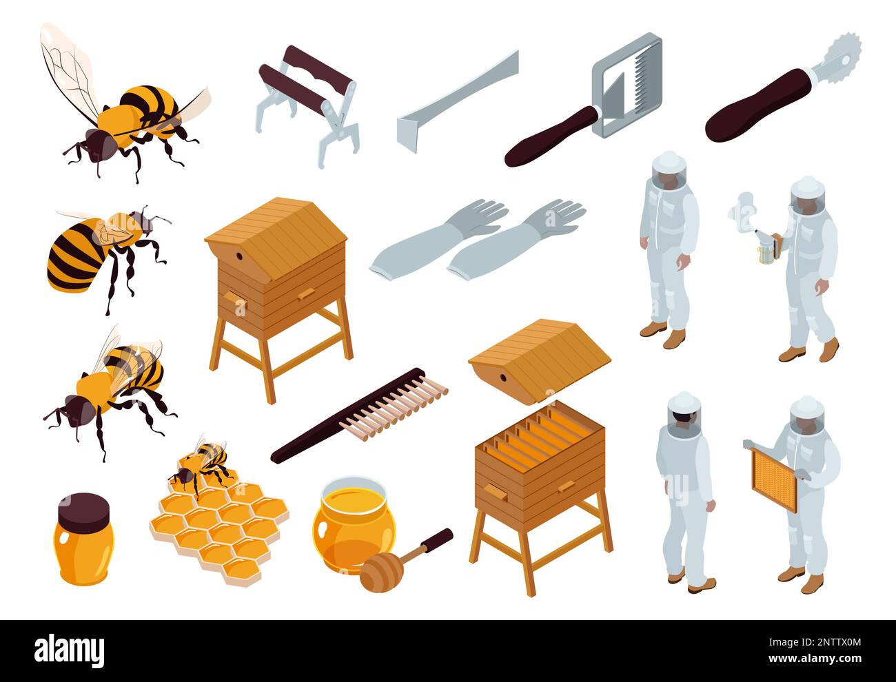 Isometric beekeeping apiary isometric set with bees jars of honey hives ...
