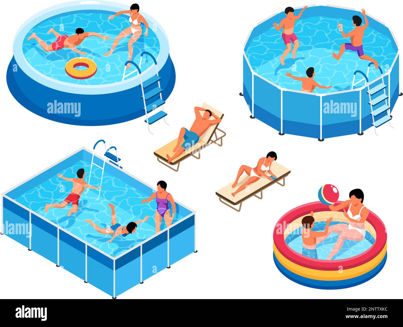 Isometric swimming pool set of isolated icons with views of inflatable and portable pools with ...