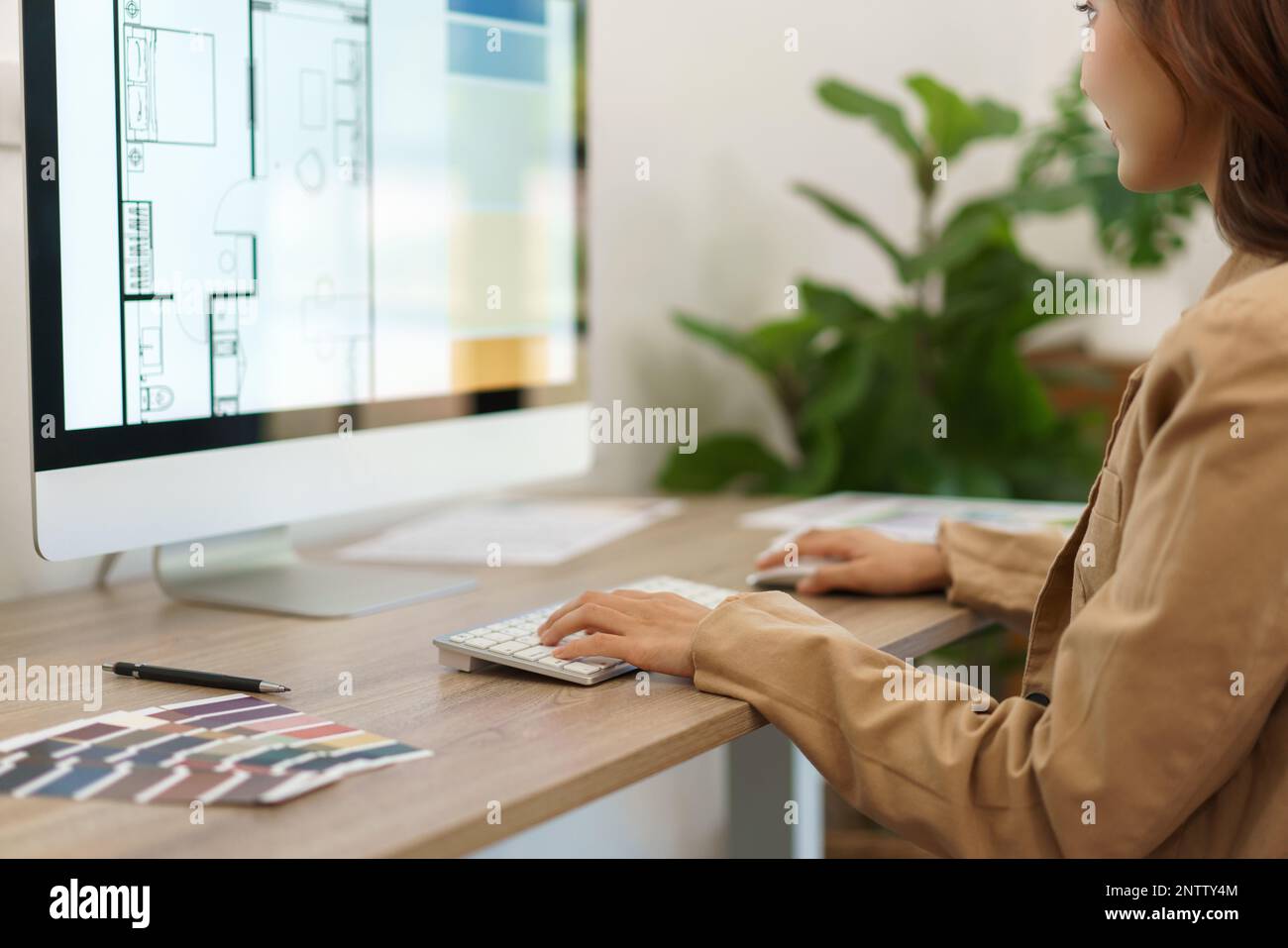 Architectural concept, Female architect working about designing house ...