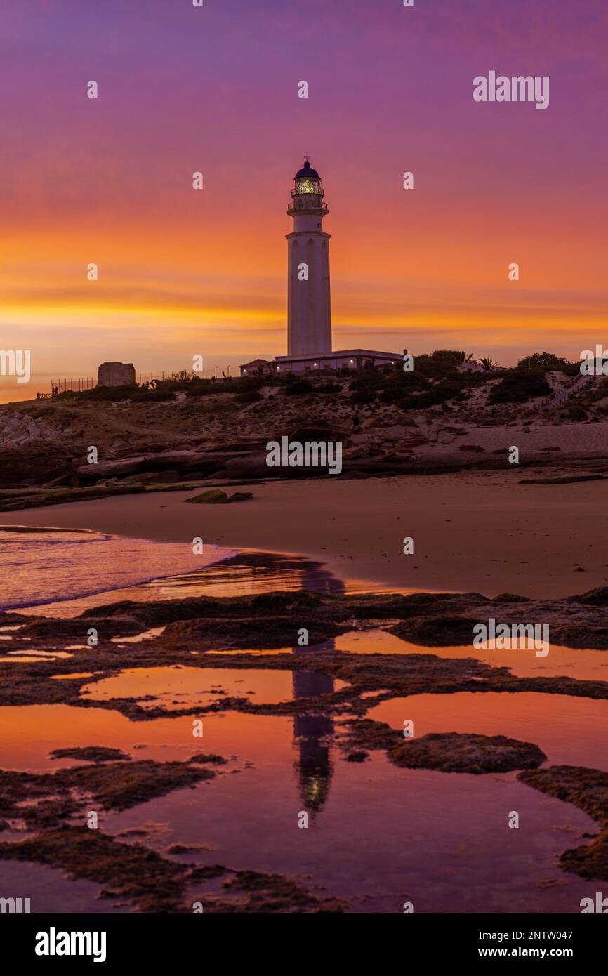 Trafalgar lighthouse at sunset, Caños de Meca beach, Cadiz province ...