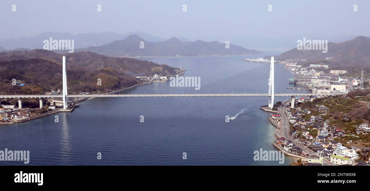 An aerial photo shows Ikuchi Bridge of Shimanami Kaido in Onomichi ...