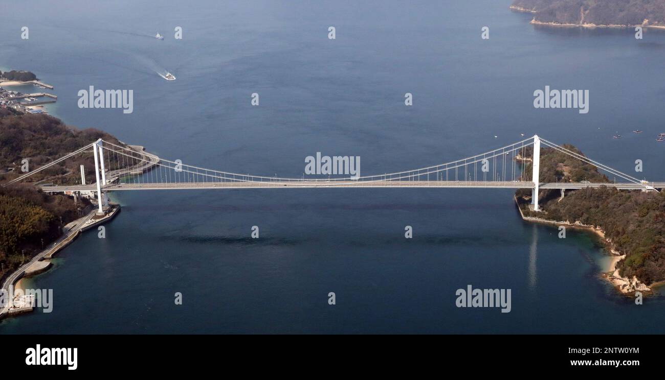 An aerial photo shows Hakata-Oshima Bridge of Shimanami Kaido in ...